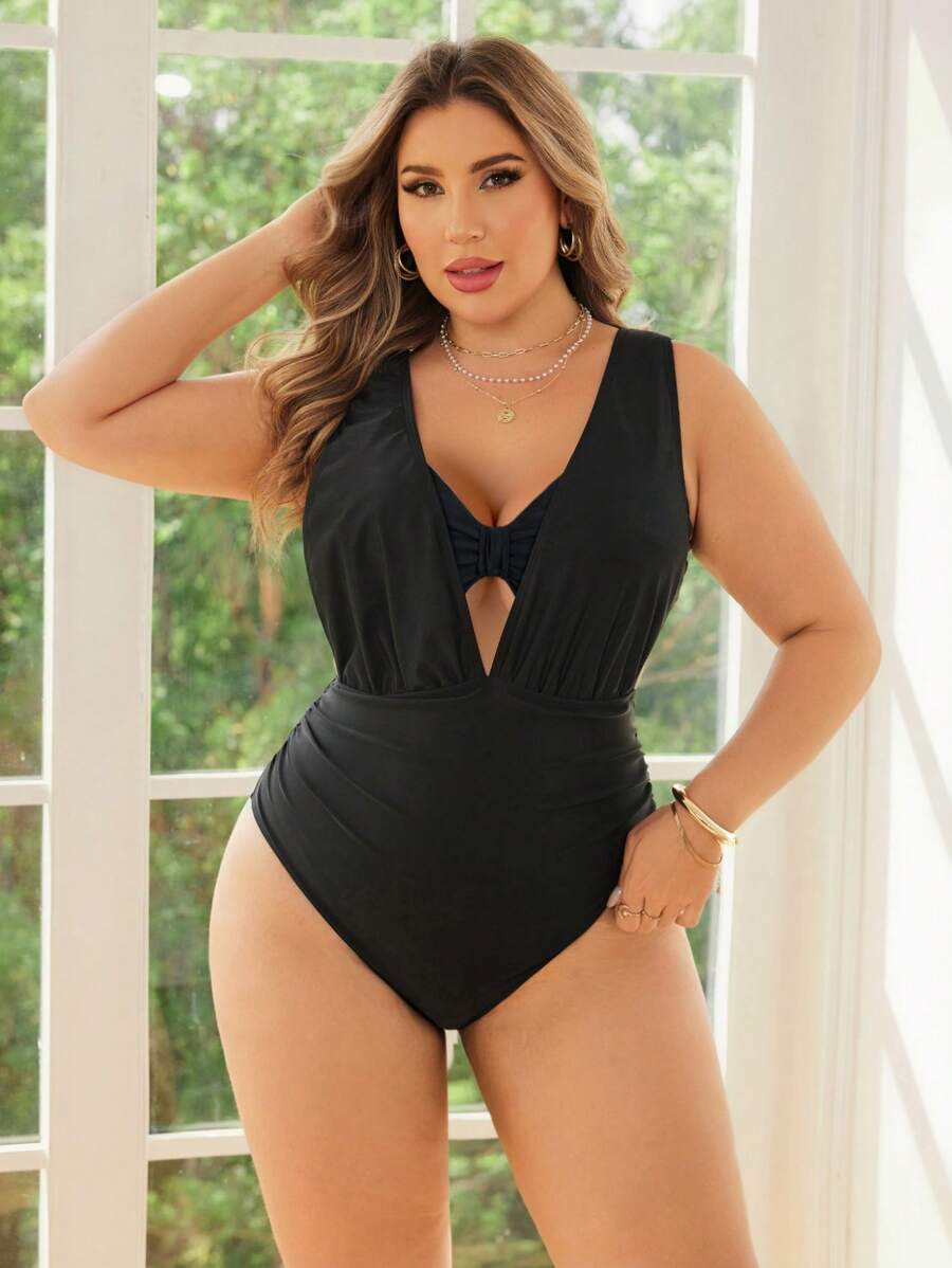 Swim Basics Plus Size Women's Black One-Piece Swimsuit, Fashionable Vacation Beach Outfit Set ...