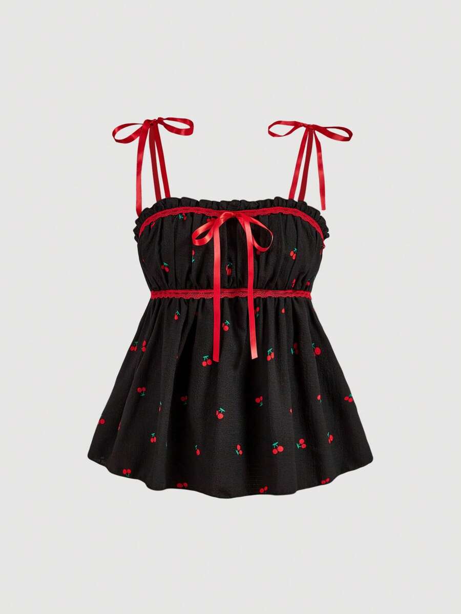 SHEIN MOD Women's Cherry Ruched Bowknot Top,Bow Detail,Fitted,Cute ...