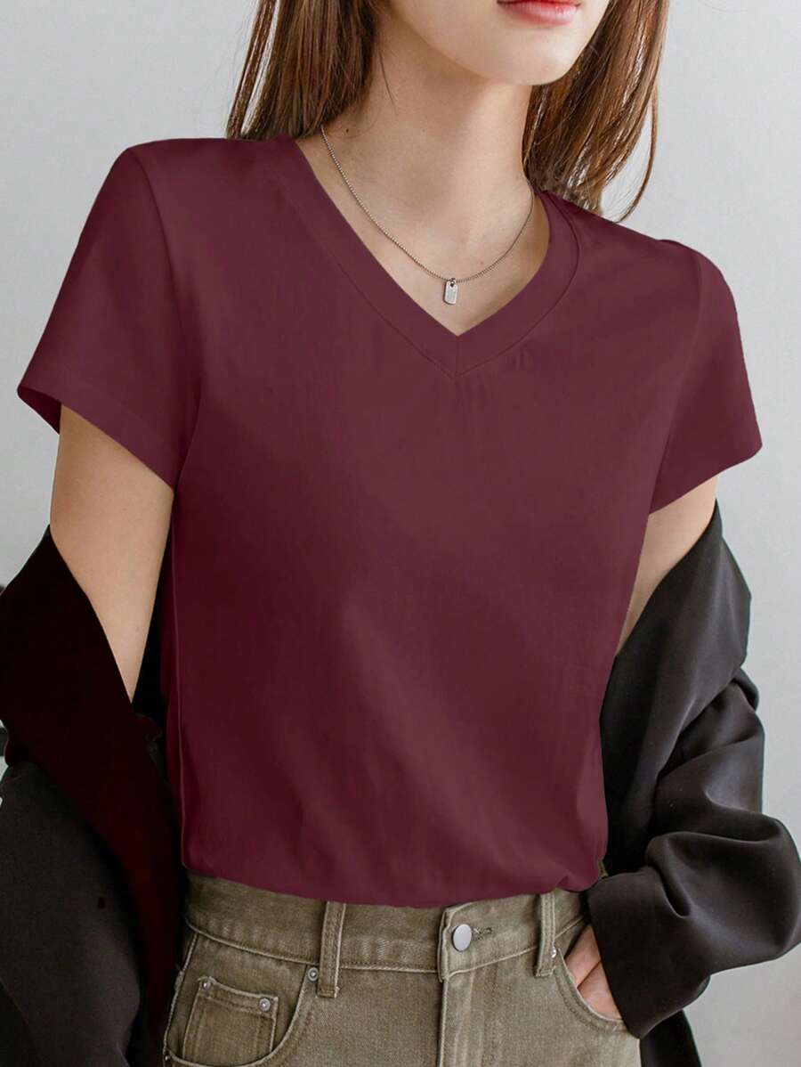 Dazy-Less Women's Casual V-Neck Short Sleeve Solid T-Shirt,Business Casual Women,Teacher Outfits ...