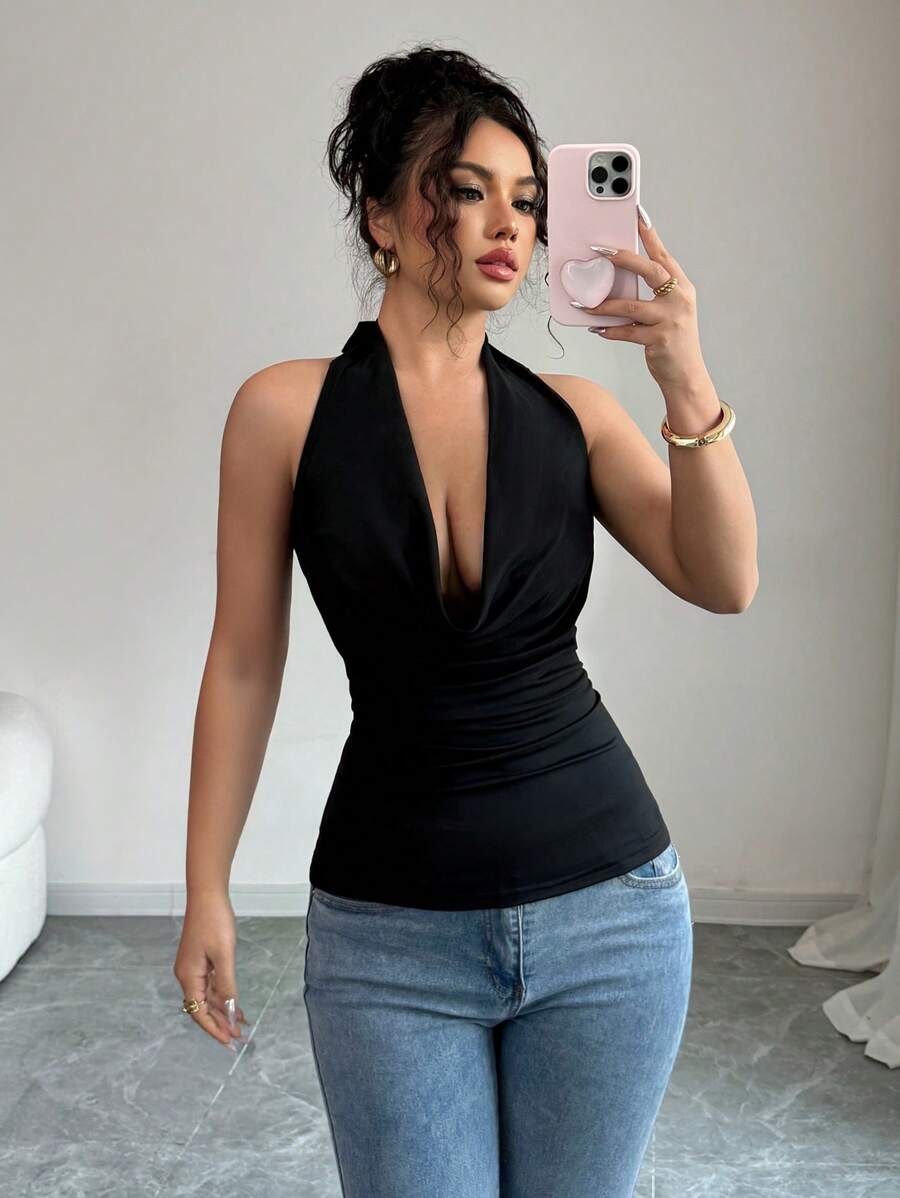 Chiquease Camiseta de cuello de cowl de punto reversible con elástico | Moda de Mujer | SHEIN México