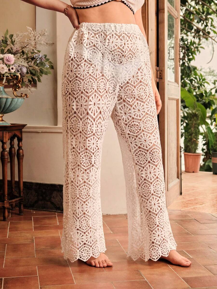 Swim Chiccia Plus Size Hollow Out Beach Cover Up & Pants Set For ...