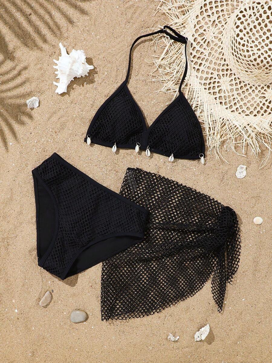 Teen Girls 3 PiecesBikini Set: Black Mesh Triangle Swimsuit Top ...
