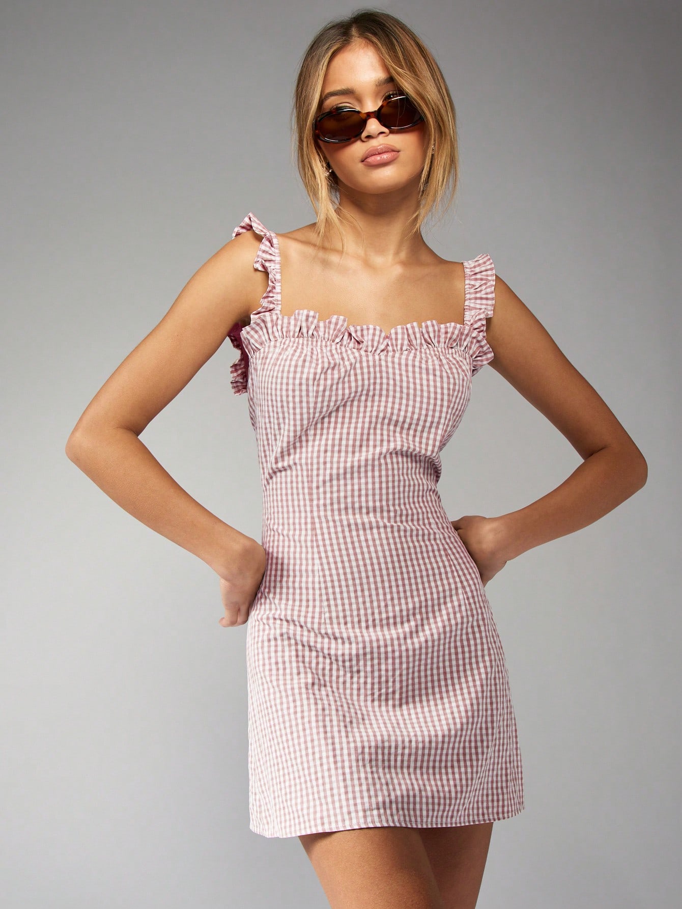 Gingham Check Ruffled Strap Mini A-Line Summer Dress Square Neck Flared ...