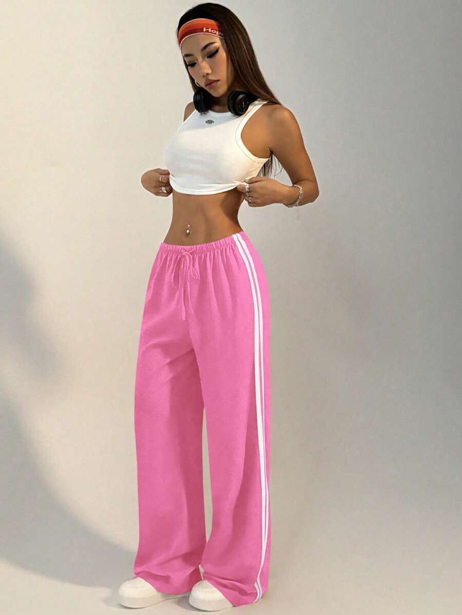 FavEase Women Loose Side Stripe Drawstring Straight Leg Pants Fall ...