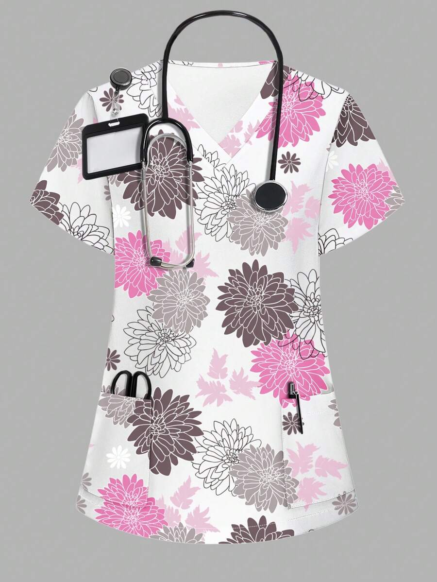 Women's Floral Print V-Neck Short Sleeve Pocket Nurse Scrub Uniform ...