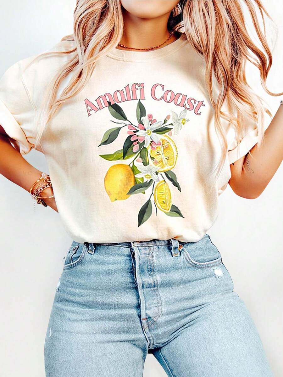 Women's Lemon Print Short Sleeve T-Shirt, Fruit & Letter Graphic Tee ...