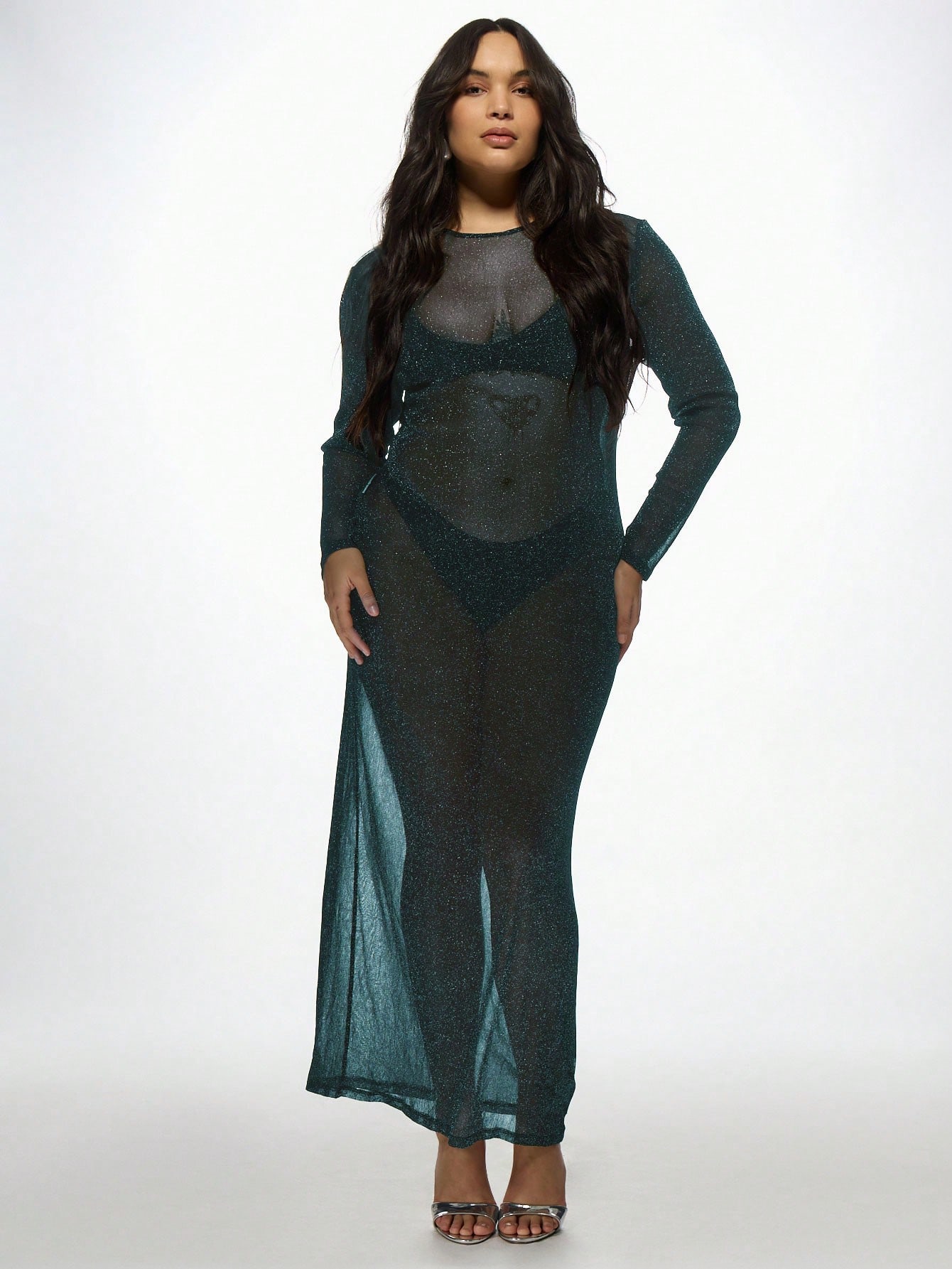 MISSGUIDED PLUS Elegant Plus Size Glitter Sparkle Sheer Mesh Long ...