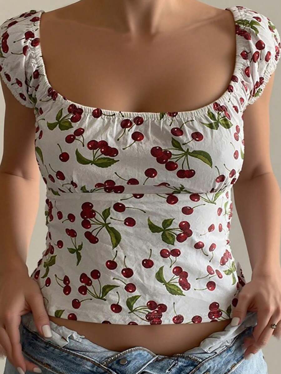 Plus Size Summer Casual Cherry Print Top | SHEIN USA
