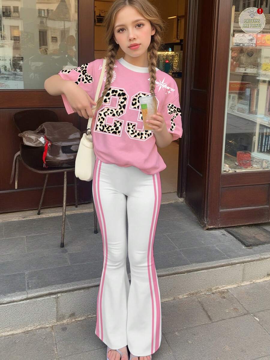 SHEIN Tween Girl Casual Minimalist Leopard Bow & Graphic Short Sleeve ...