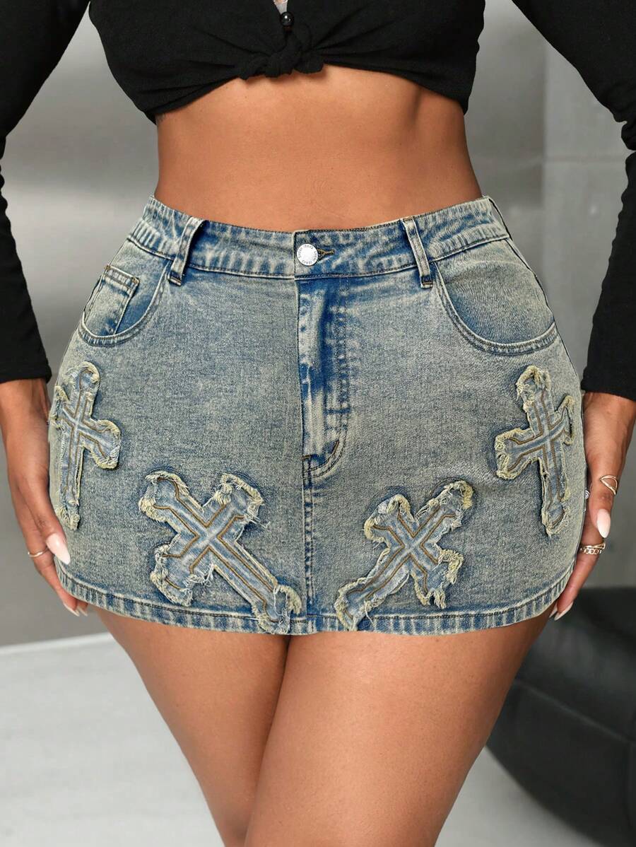 SHEIN SXY Damen Große Größen Jeans Mini Rock Skinny Rock Blauer Denim ...