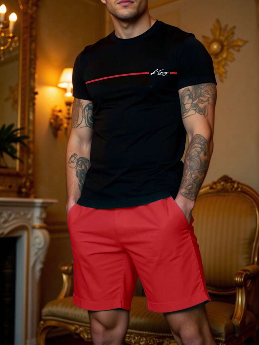 Manfinity Homme 2pcs Standard Sized Men's Outfit - Black Top And Red ...