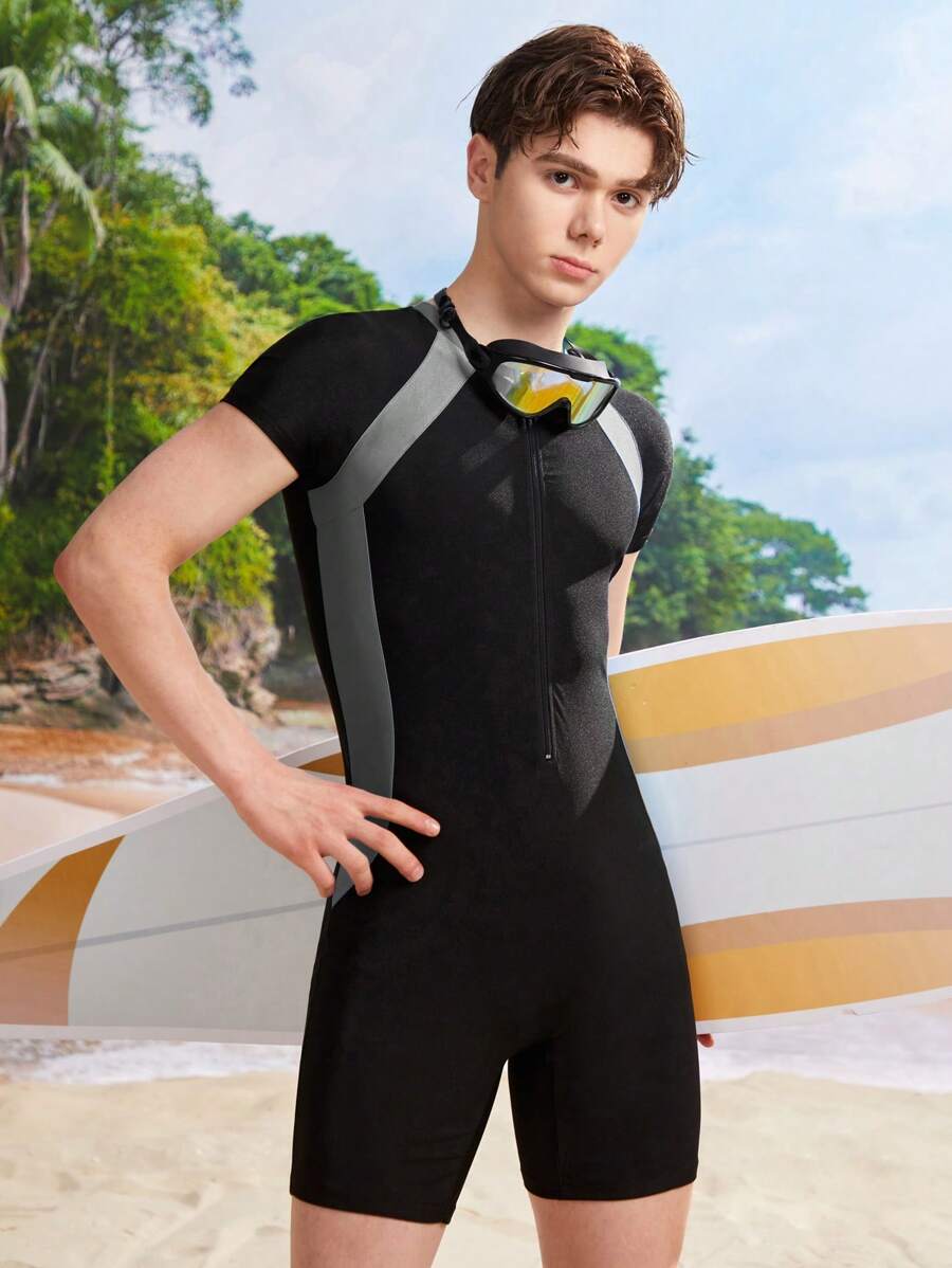 SHEIN Teen Boys' Casual Colorblock Patchwork Swim Trunks And Rash Guard ...