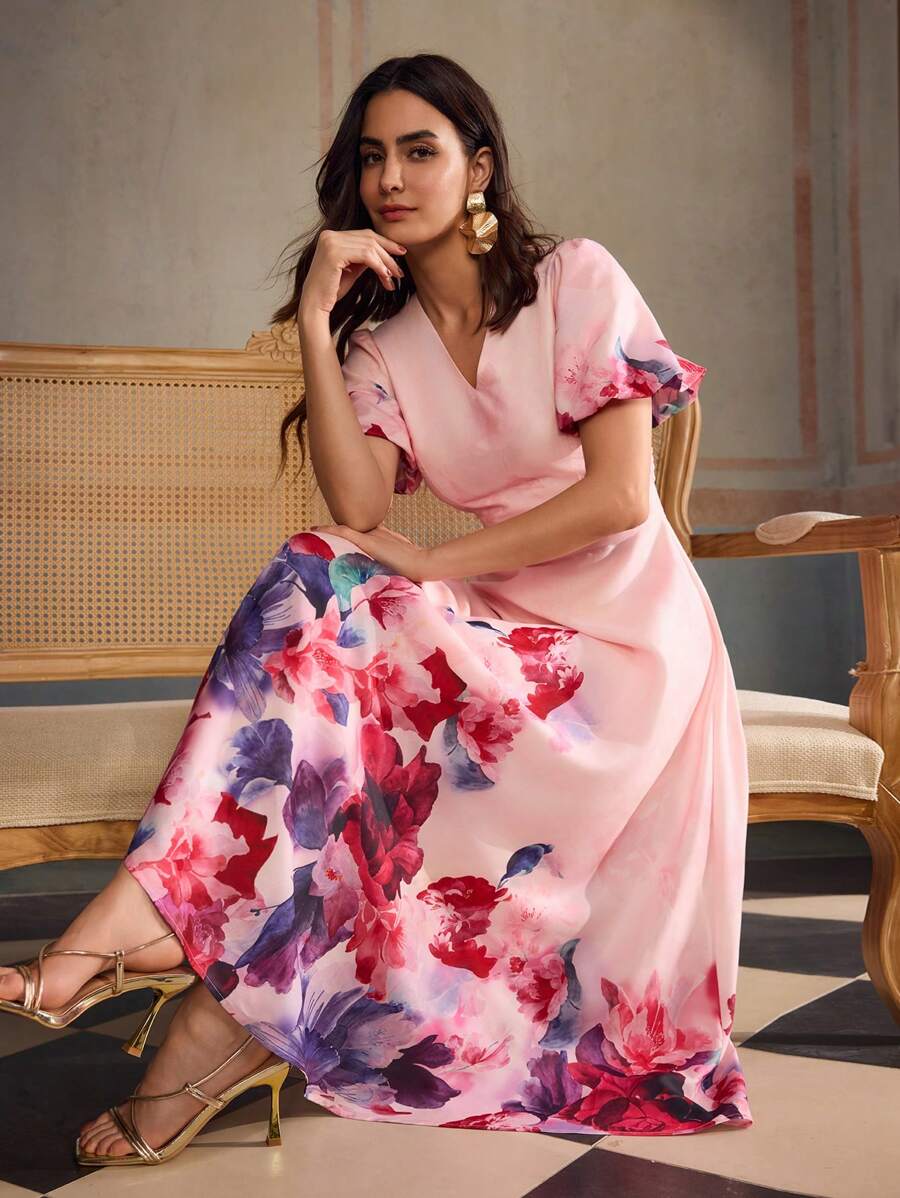 ZEYLAH Floral Print Puff Sleeve V-Neck Waist Cinching Mid-Length Dress ...