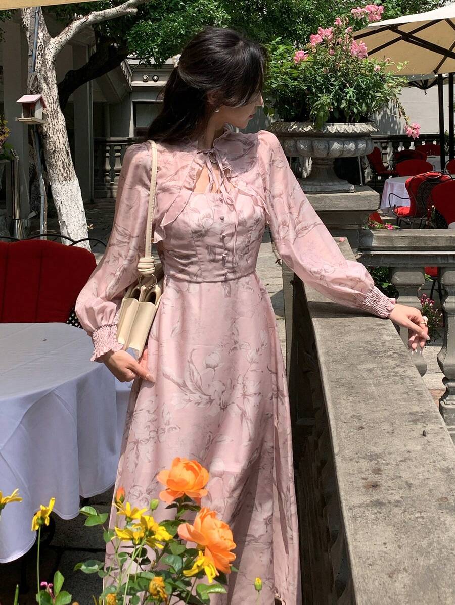 DAZY Floral Print Lantern Sleeve Tie-Up Waist Women's Mid-Length Dress ...