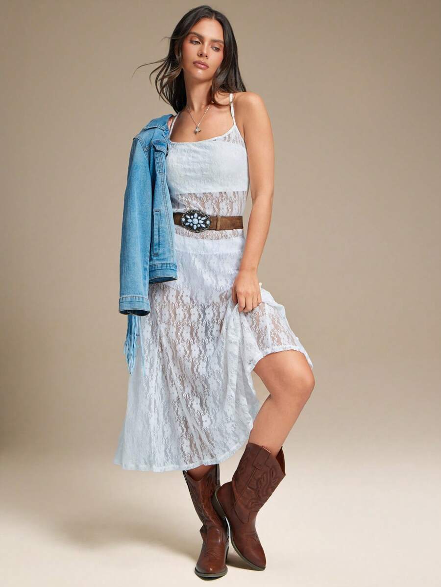 WESTFADE Summer Western Floral Lace Spaghetti Strap Open Back Sheer ...