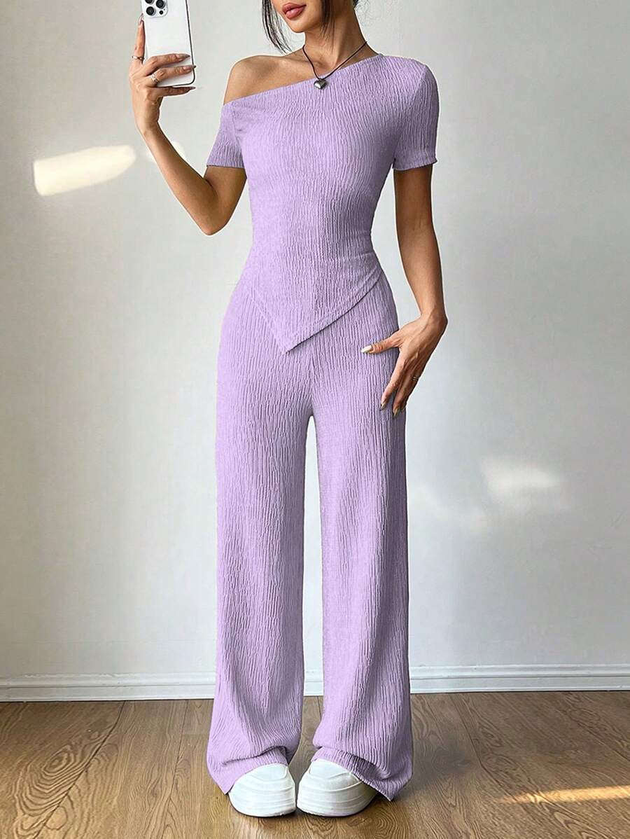 SHEIN Unity 2pcs/Set Casual Asymmetrical Shoulder T-Shirt + Wide Leg ...