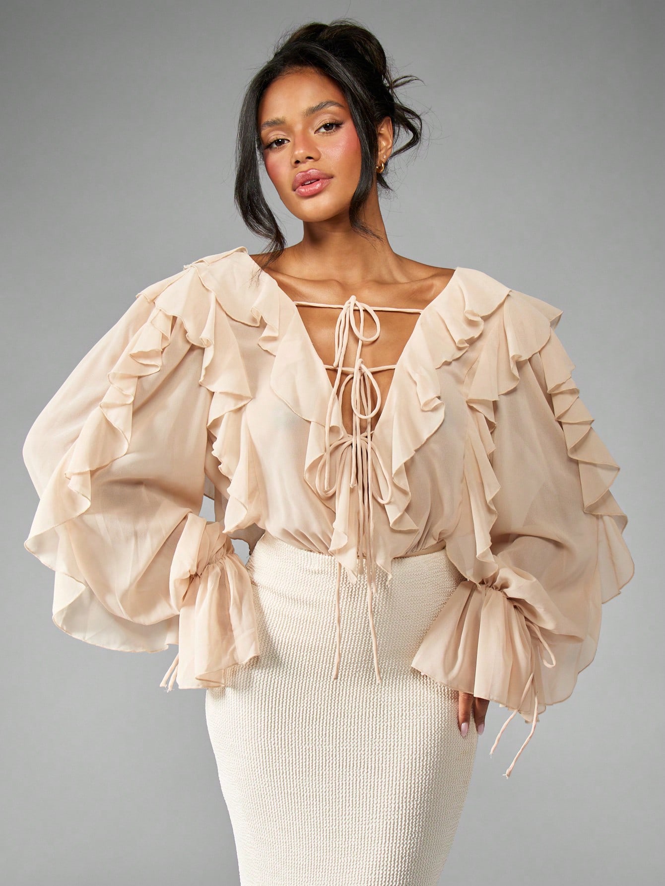 Elegant Ruffle Chiffon Bodysuit Boho Style Long Puff Sleeve Lace Up ...