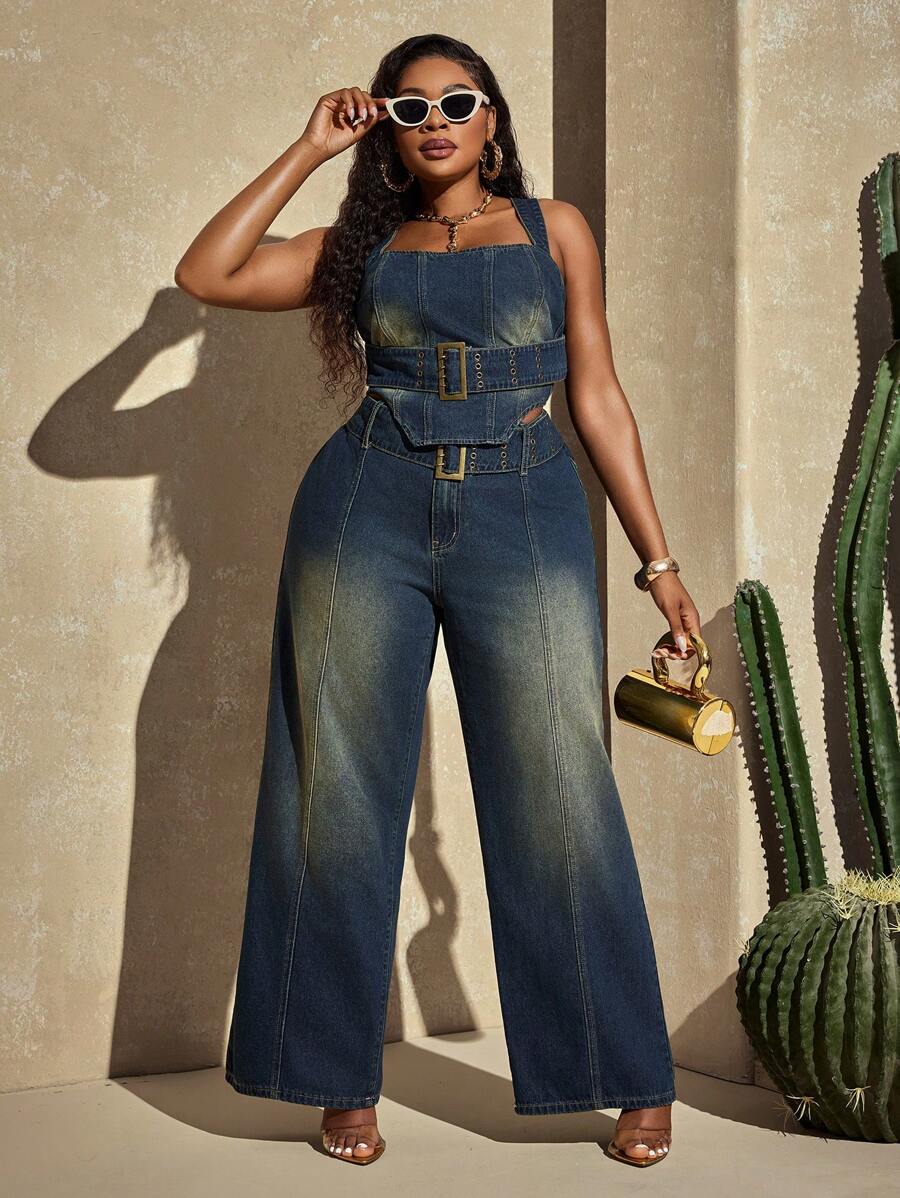 SHEIN SXY Women's Plus Size Retro Vintage Washed Non-Stretch Straight ...