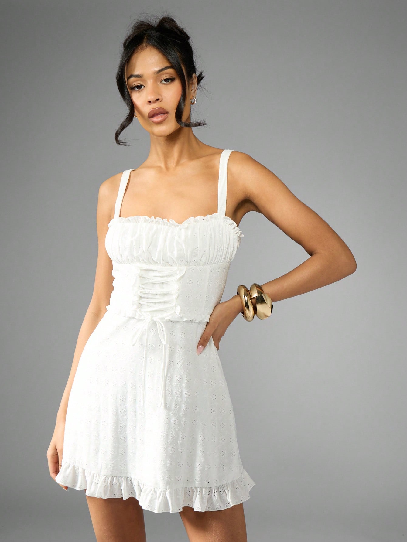 MISSGUIDED Ruched Corset Style Eyelet Embroidery Ruffled Hem Mini Dress ...