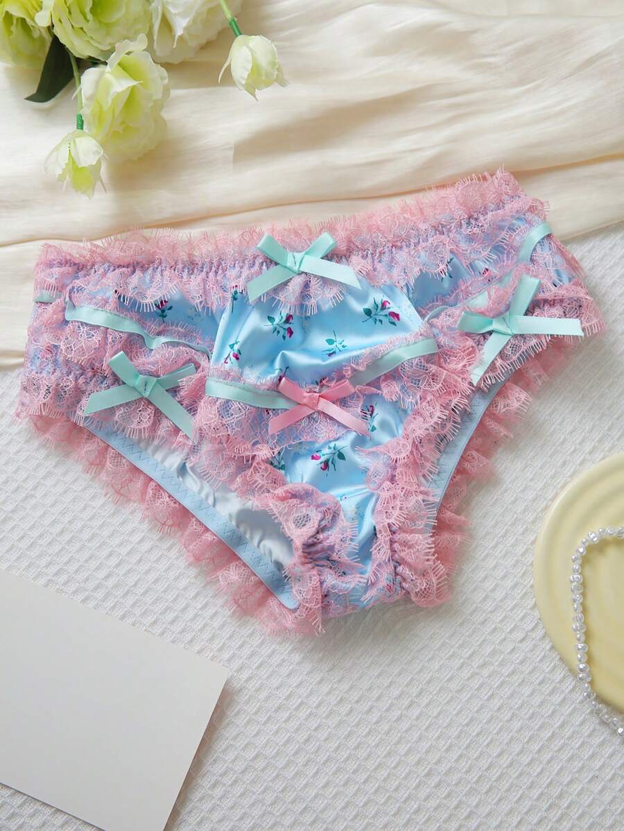 Romantic Pastoral Satin Lace Ditsy Ditsy Floral Bow Ruffle Edge Bloomer ...