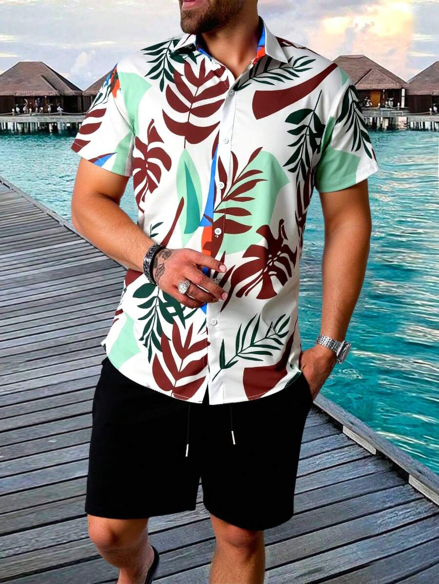 Manfinity RSRT 2pcs Men's Tropical Plant Print Short Sleeve Shirt And ...