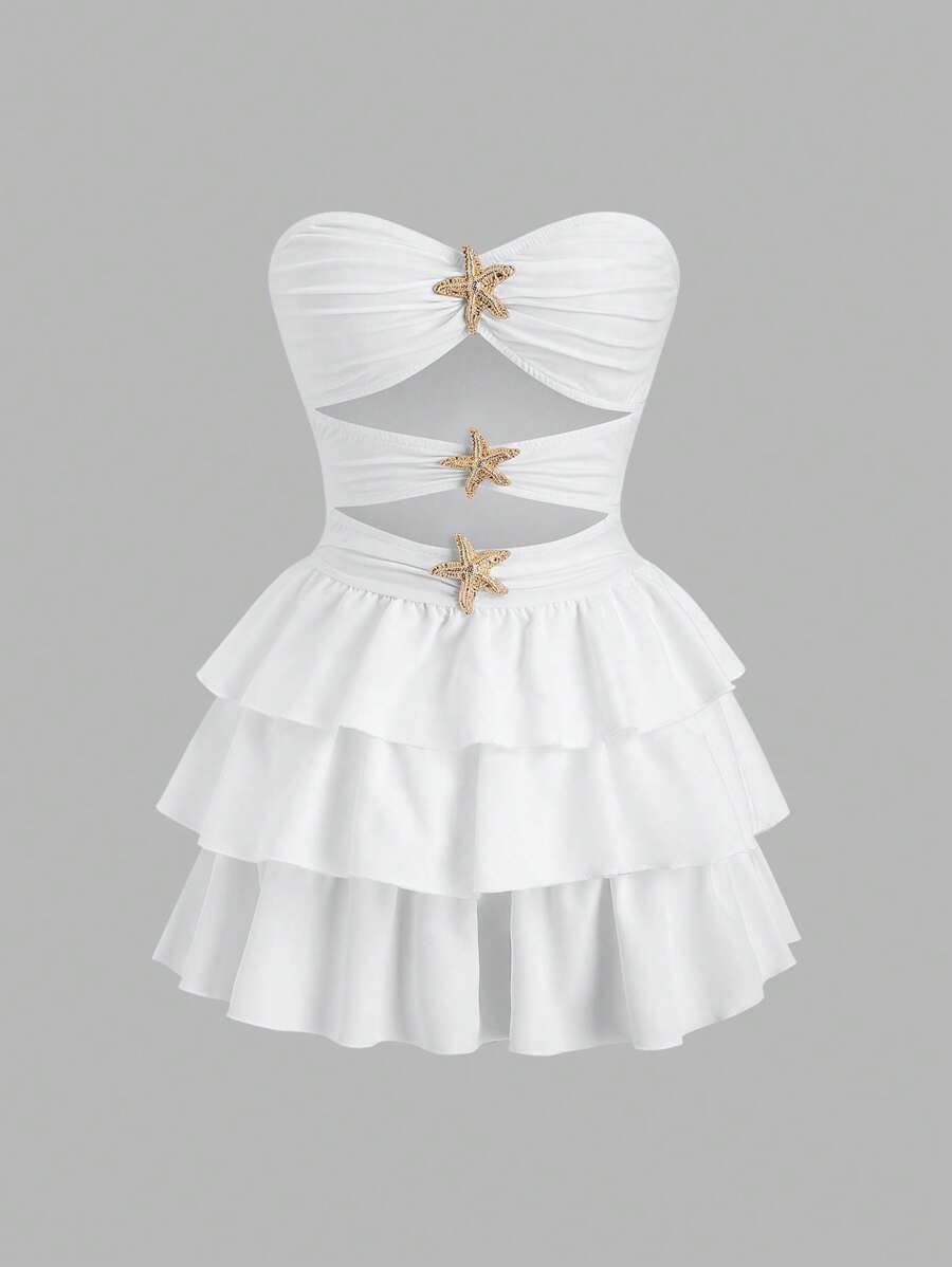 Sweetra Black Starfish & Pentagram Metal Decor Hollow Back Ruched ...