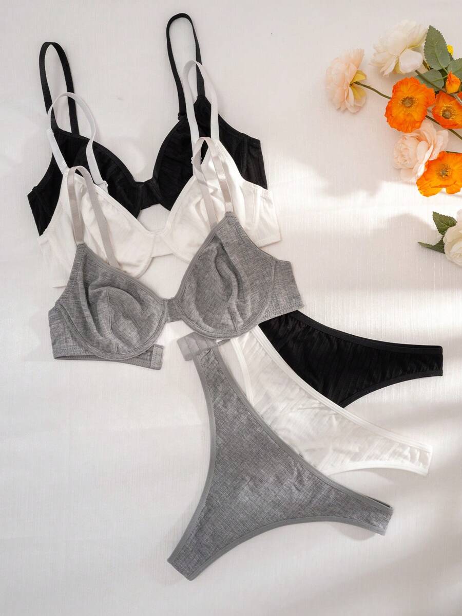 SHEIN 6-Piece Comfort Wire-Free Ribbed Underwear & G-String Set | SHEIN ...