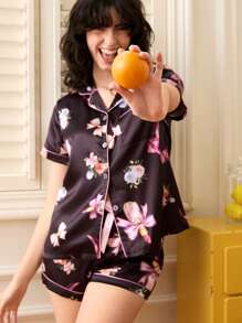 Women's Bow Knot Shirt And Shorts Pajamas Set | SHEIN USA
