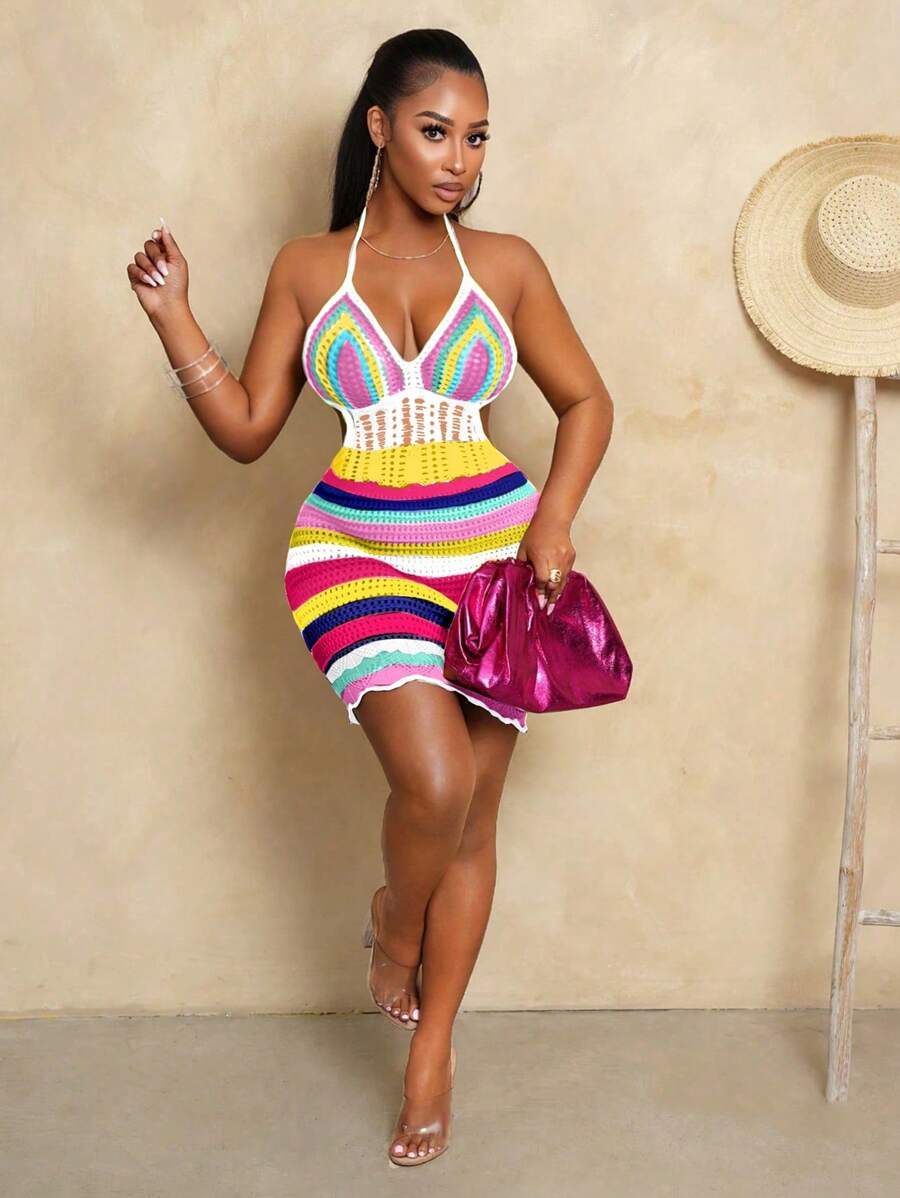 BamGleam Women's Rainbow Striped Hollow Out Crochet Spaghetti Strap ...
