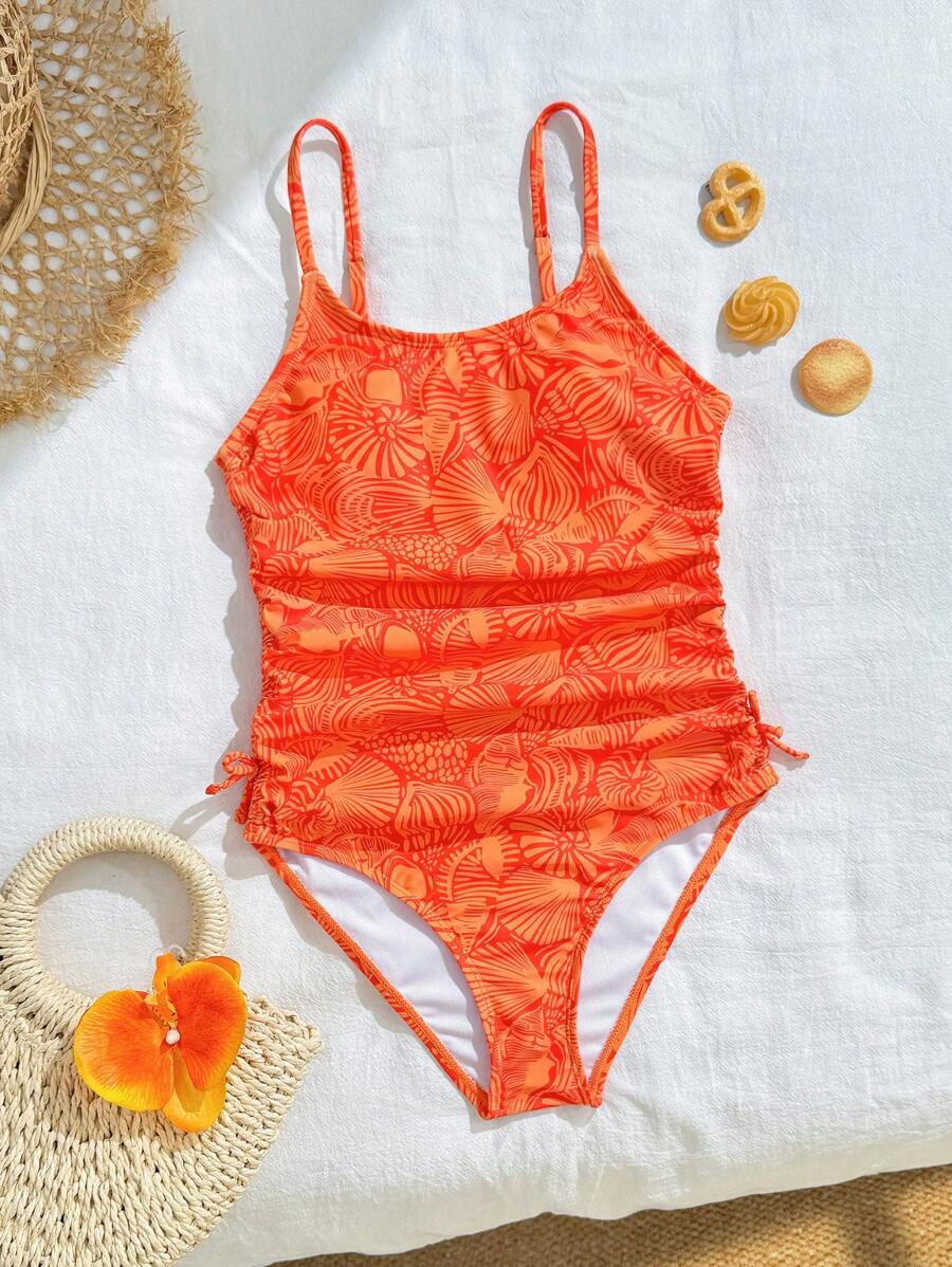 1pc Tween Girls Seashell & Conch Print One-Piece Swimsuit, Orange Color ...