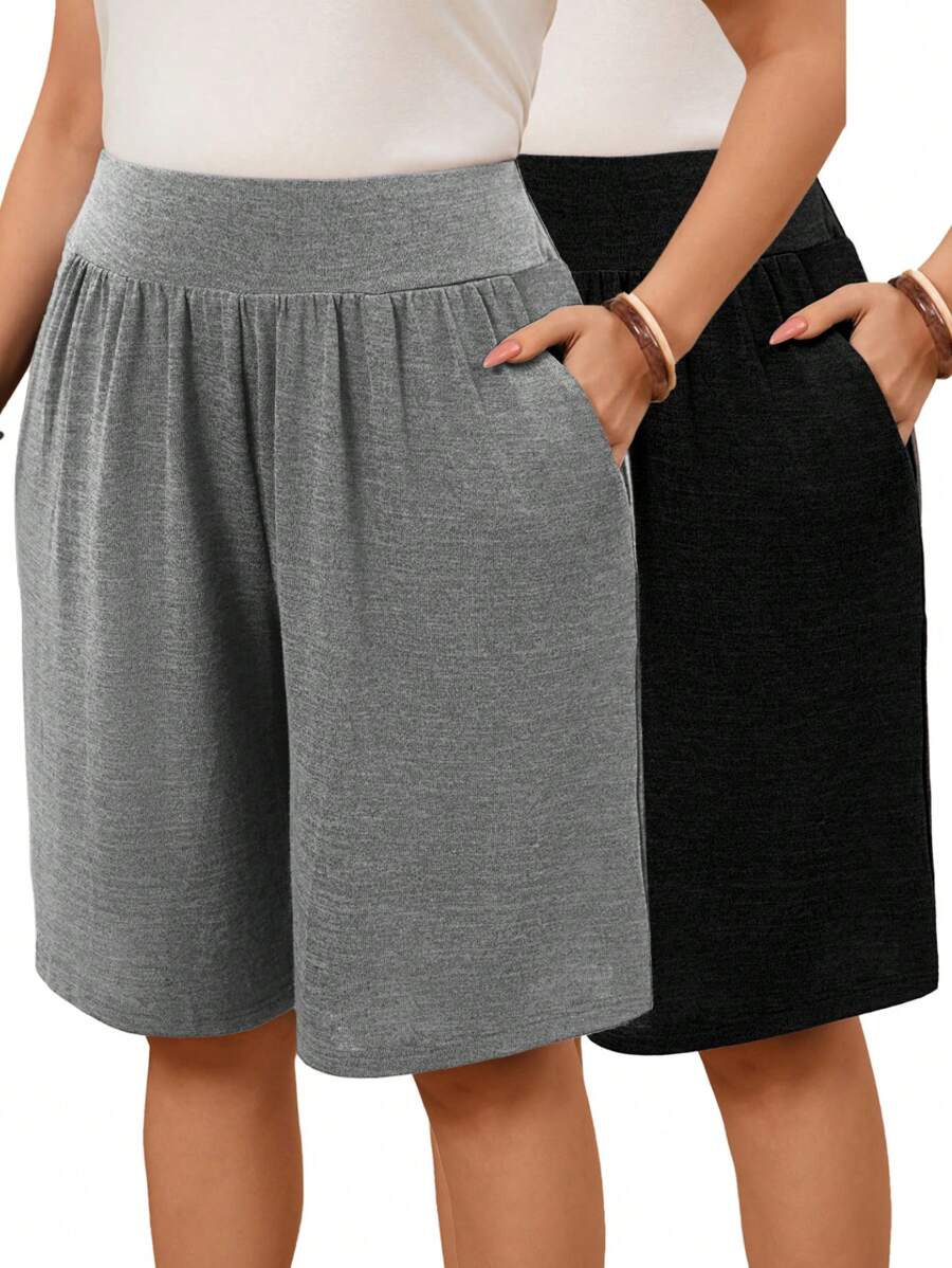 EMERY ROSE 2pcs Plus Size Women's Bermuda Shorts, Black + Gray | SHEIN USA
