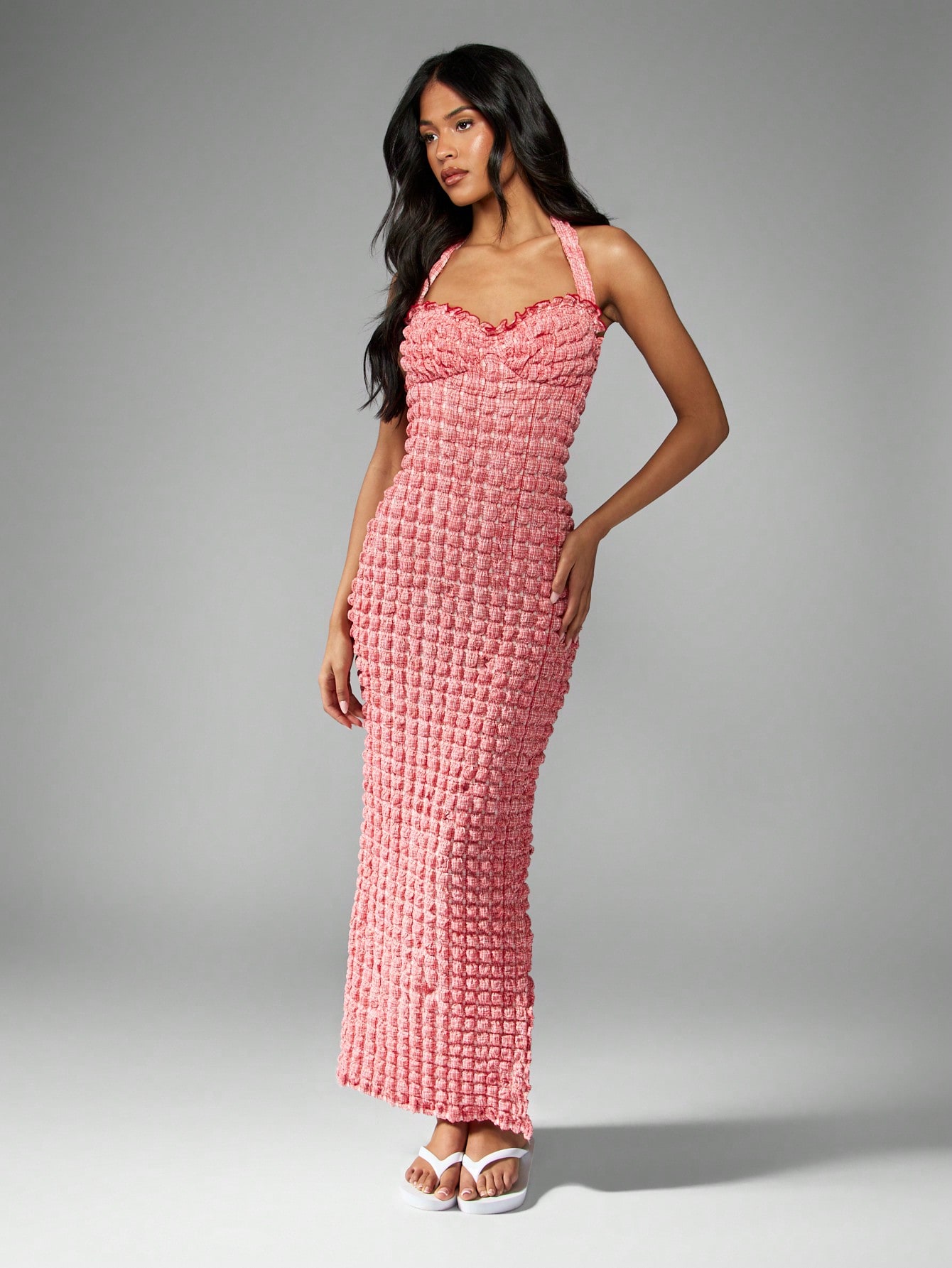 MISSGUIDED Textured Smocked Halter Neck Ruffle Trim Maxi Dress ...