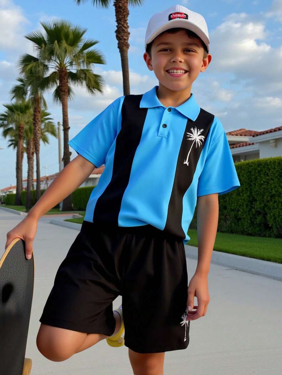 Tween Boy Colorblock Palm Tree Print Polo Shirt & Shorts Set | SHEIN USA