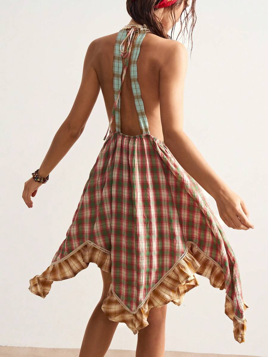 Bohemela BOHO Vintage Country Style Casual Woven Plaid Panel Asymmetric ...