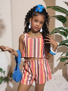Tween Girl Striped Backless Tank Top And Shorts Girl Two Pieces Set ...