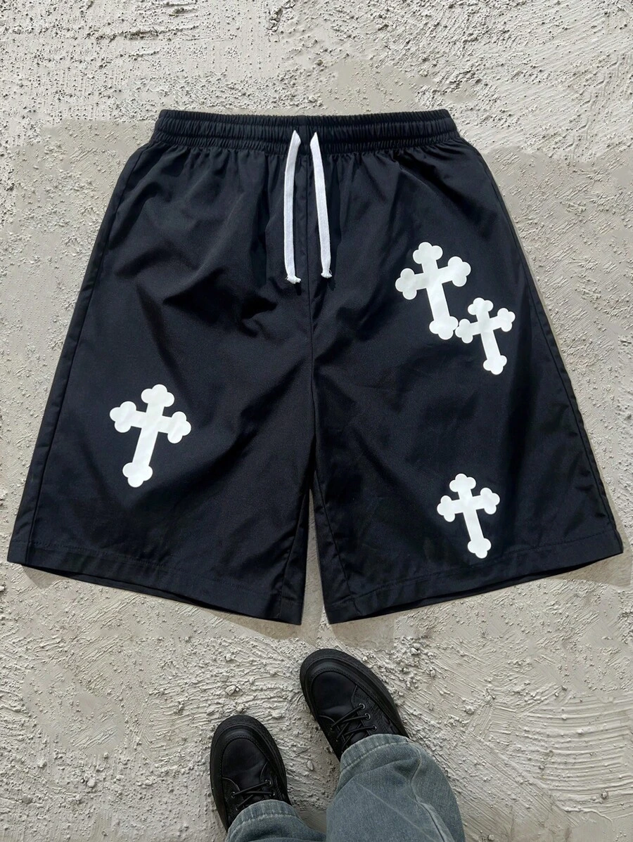 SHEIN 1 Pc Tween Boys Casual Loose Cross Print Shorts With Drawstring ...