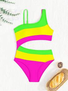 SHEIN Tween Girls' Colorblock Asymmetric Neckline Neon One-Piece ...