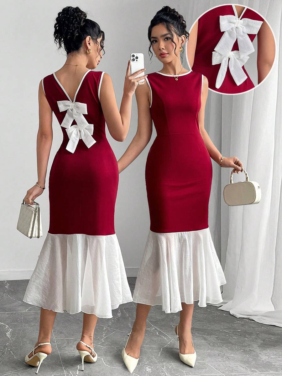 Modelyn Elegant Red With White Color Block Fish Tail Hem Splice Women ...