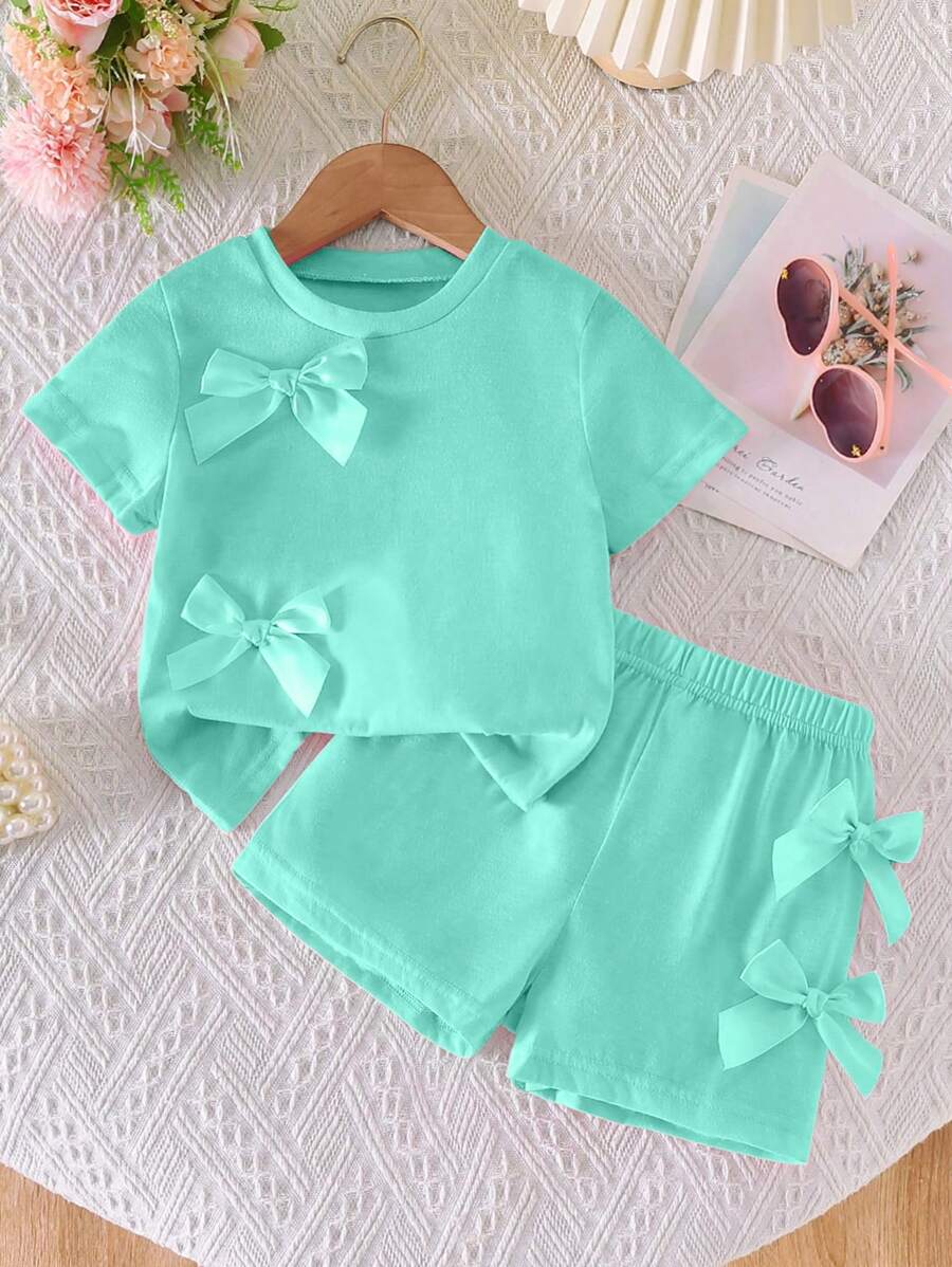 Lunivi 2pcs/Set Young Girls Casual Sweet Crew Neck Short Sleeve Bow ...