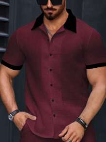 Manfinity Homme Plain Front Button Up Short Sleeve Casual Shirt ...