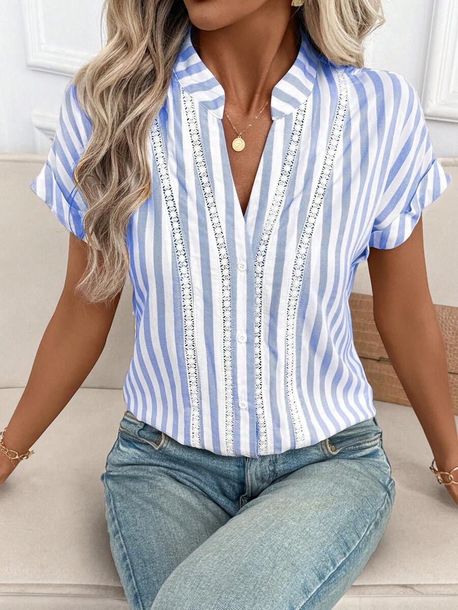 SHEIN Clasi Women's New Stripe Spliced Ruffle Trim Button Up Shirt ...