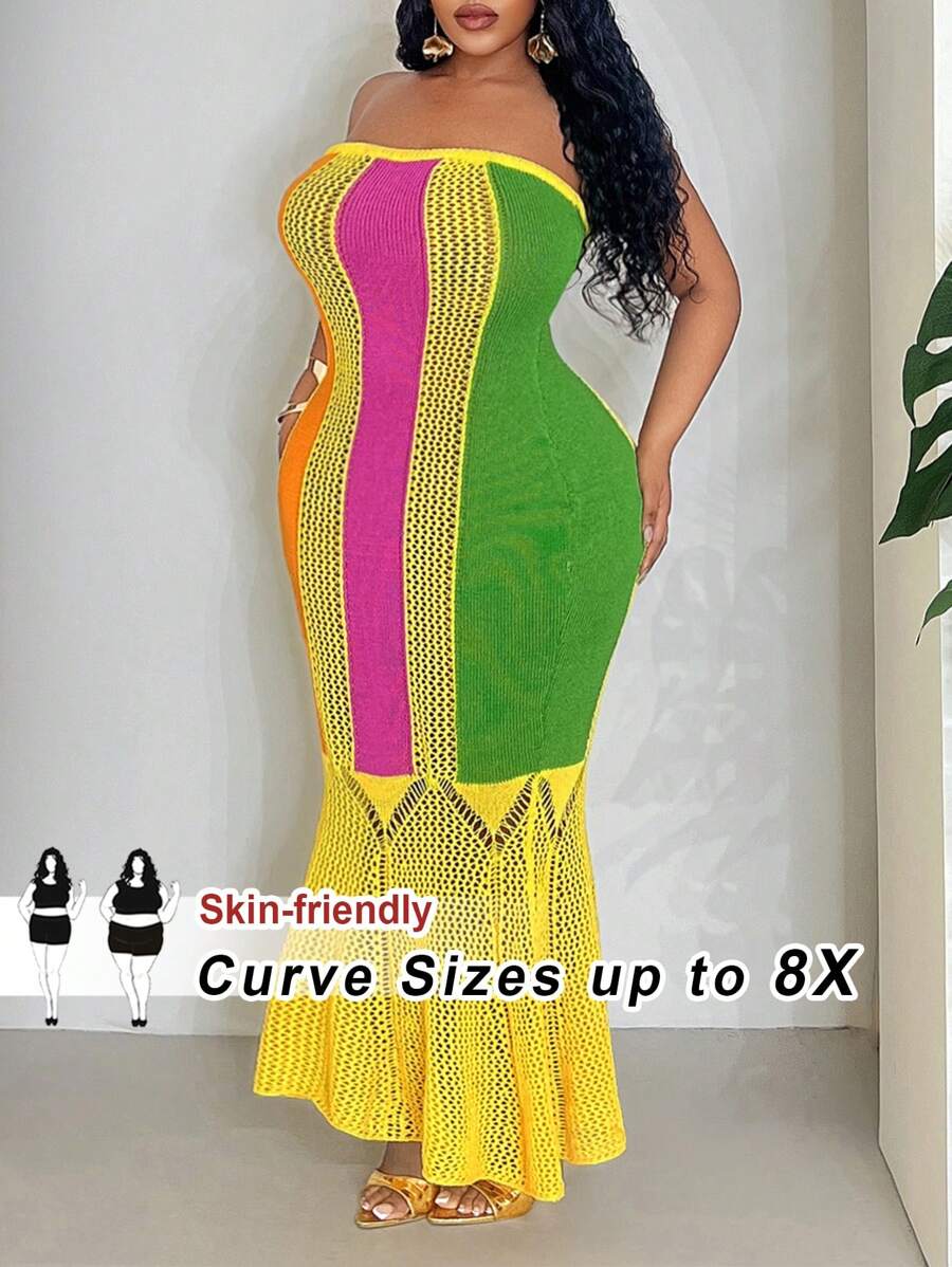 SHEIN CURVE+ Plus Size Vacation Casual Colorblock Striped Hollow Out ...