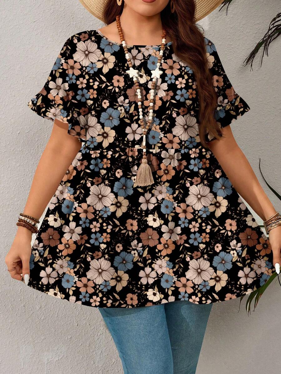 EMERY ROSE Plus Size Casual Holiday Style Ditsy Floral Pattern Ruffle ...