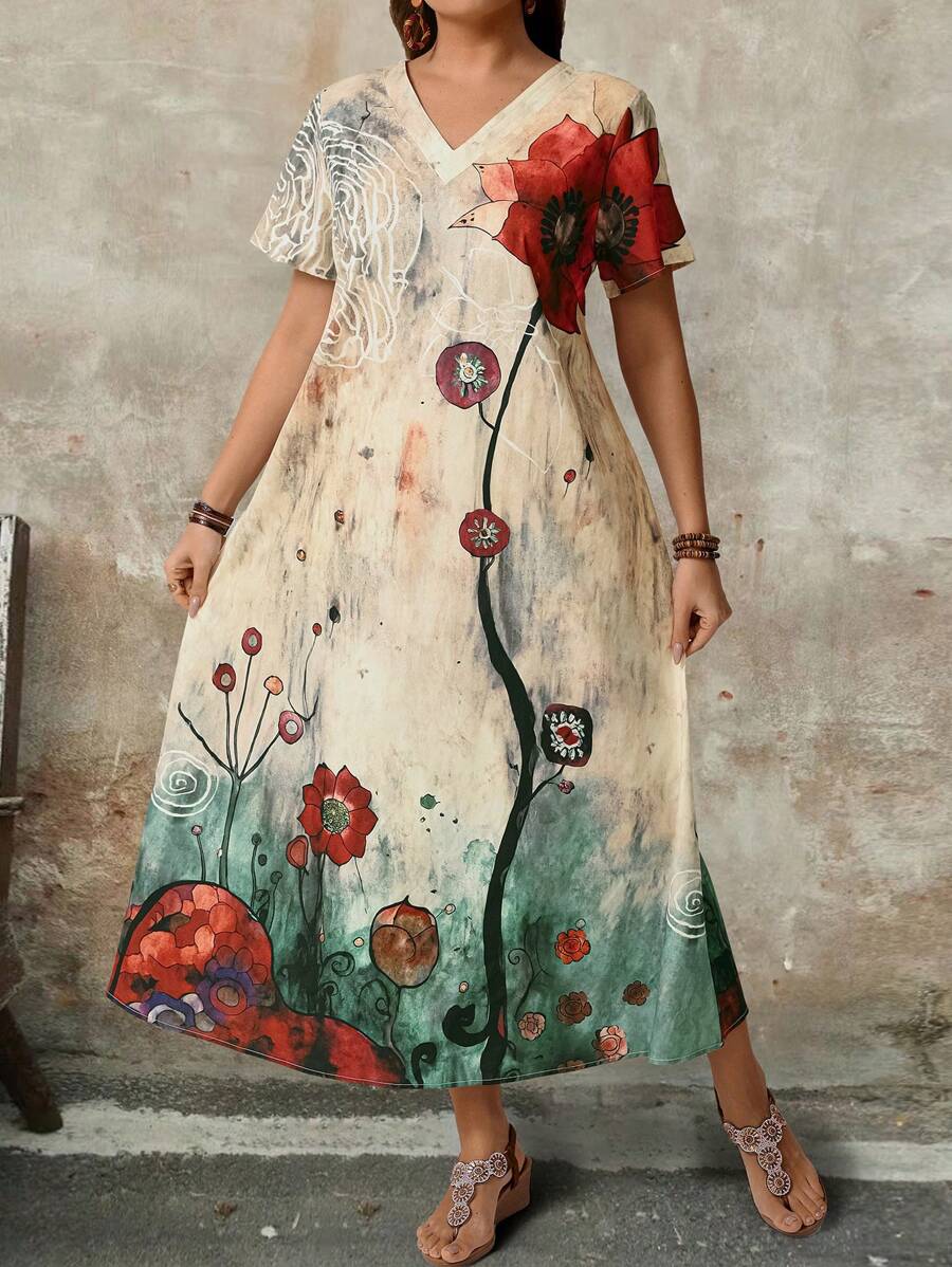 EMERY ROSE Plus Size Women Vintage Floral Print Short Sleeve Maxi Dress, Vacation Wear | SHEIN USA