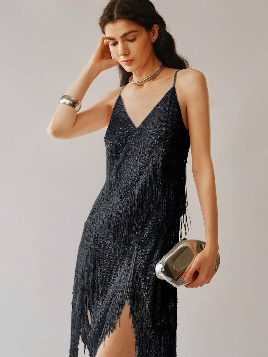 Uhlyne Damen Kleid mit Perlenverzierung, V-Ausschnitt und Fransen-Saum ...