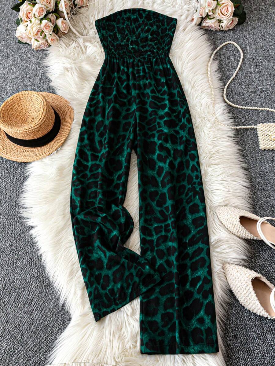 SHEIN LUNE Women's Leopard Print Wide Leg Halter Jumpsuit, Suitable For ...