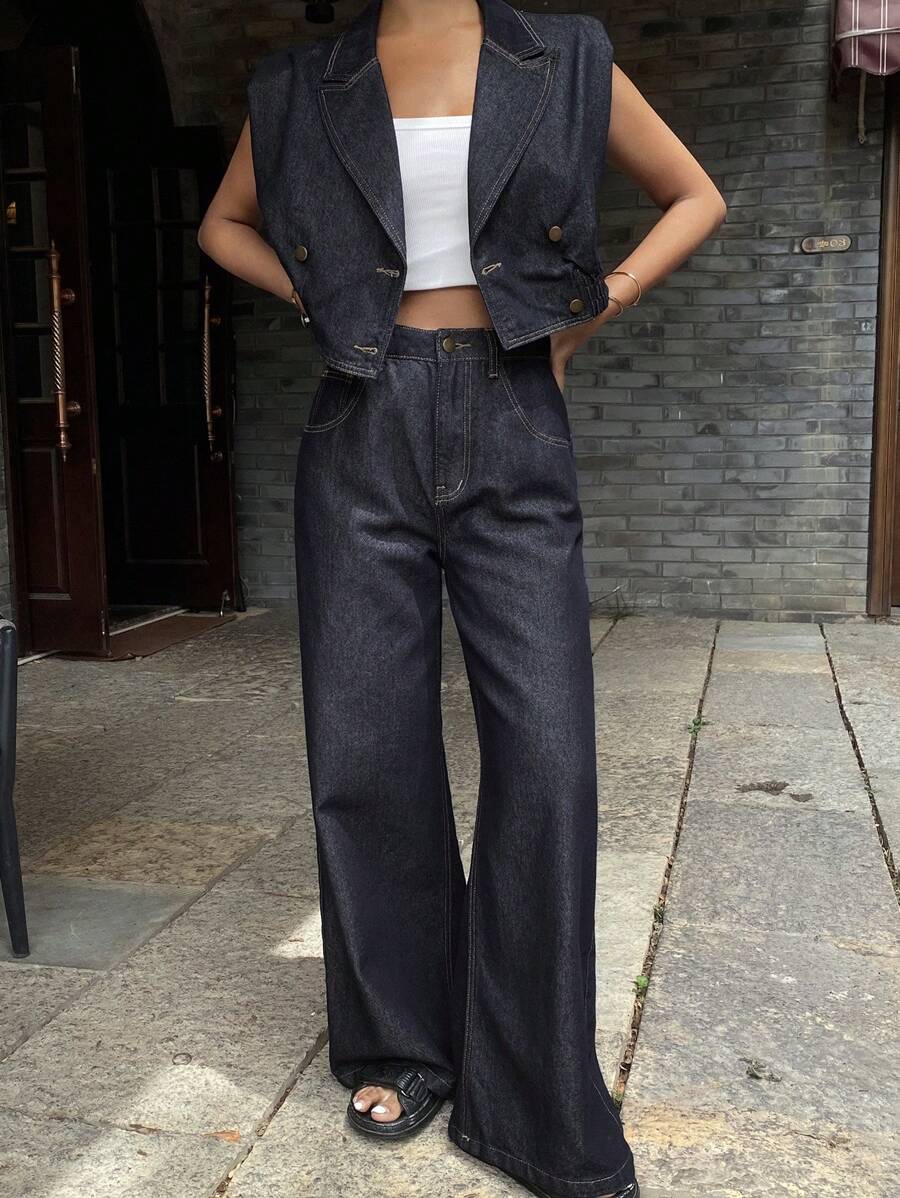 Livesso Summer New Loose Casual Simple Music Festival Denim Set | SHEIN USA