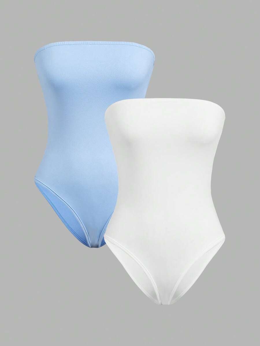 Muchica 2pcs/Set Solid Color Strapless Shapewear Bodysuit Seamless ...