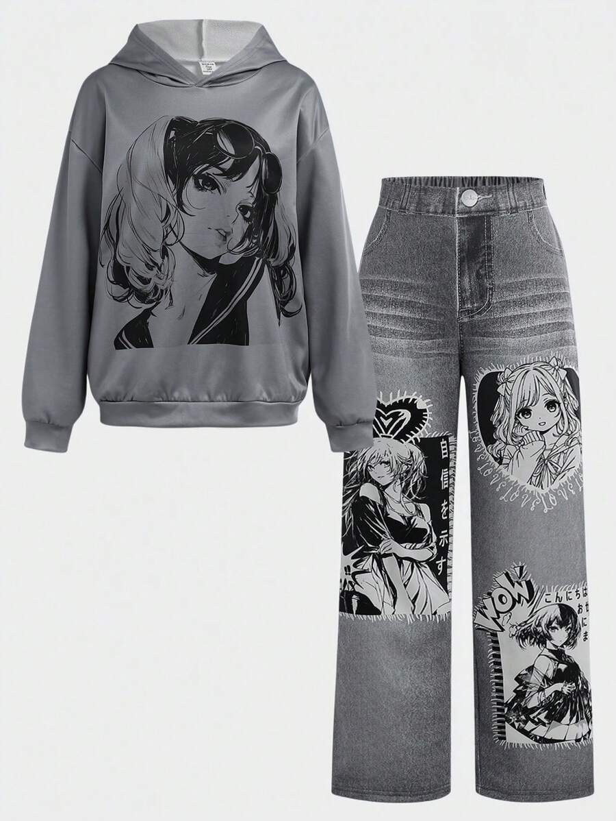 SHEIN 2pcs/Set Teen Girls Anime Girl Graphic Hoodie And Sweatpants ...