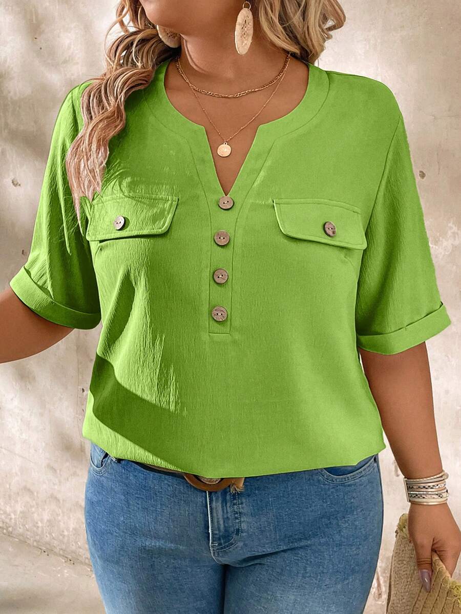 SHEIN Clasi Plus Size Casual Short Sleeve Shirt With Notched Neck And ...